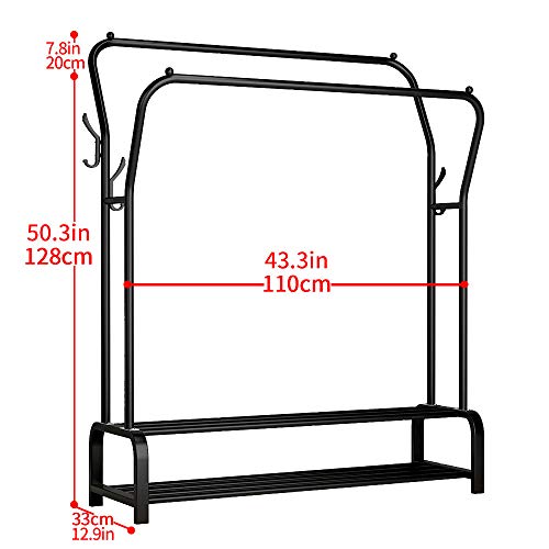 UDEAR Garment Rack Freestanding Hanger Double Rods Multi-functional Bedroom Clothing Rack, Double layer ，4 Hooks，Black