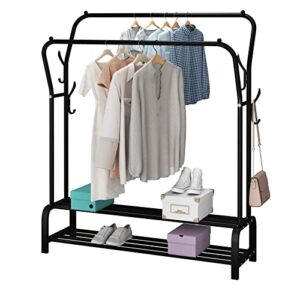 UDEAR Garment Rack Freestanding Hanger Double Rods Multi-functional Bedroom Clothing Rack, Double layer ，4 Hooks，Black