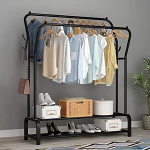 UDEAR Garment Rack Freestanding Hanger Double Rods Multi-functional Bedroom Clothing Rack, Double layer ，4 Hooks，Black