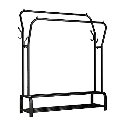 UDEAR Garment Rack Freestanding Hanger Double Rods Multi-functional Bedroom Clothing Rack, Double layer ，4 Hooks，Black