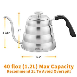 Pour Over Coffee Kettle with Thermometer for Exact Temperature 40 fl oz - Premium Stainless Steel Gooseneck Tea Kettle for Drip Coffee, French Press and Tea - Works on Stove and Any Heat Source