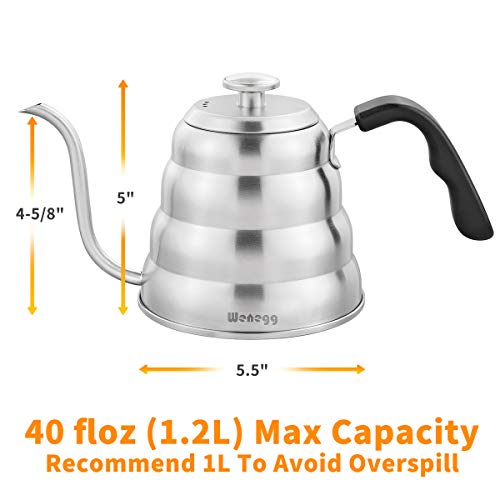 Pour Over Coffee Kettle with Thermometer for Exact Temperature 40 fl oz - Premium Stainless Steel Gooseneck Tea Kettle for Drip Coffee, French Press and Tea - Works on Stove and Any Heat Source