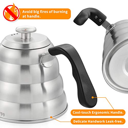 Pour Over Coffee Kettle with Thermometer for Exact Temperature 40 fl oz - Premium Stainless Steel Gooseneck Tea Kettle for Drip Coffee, French Press and Tea - Works on Stove and Any Heat Source