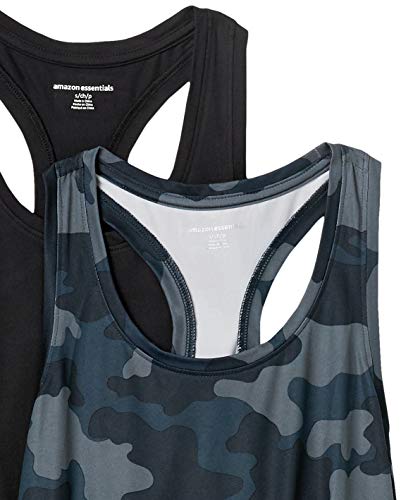 Amazon Essentials Women's Tech Stretch Racerback Tank Top (Available in Plus Size), Pack of 2, Black/Grey Camo, Large