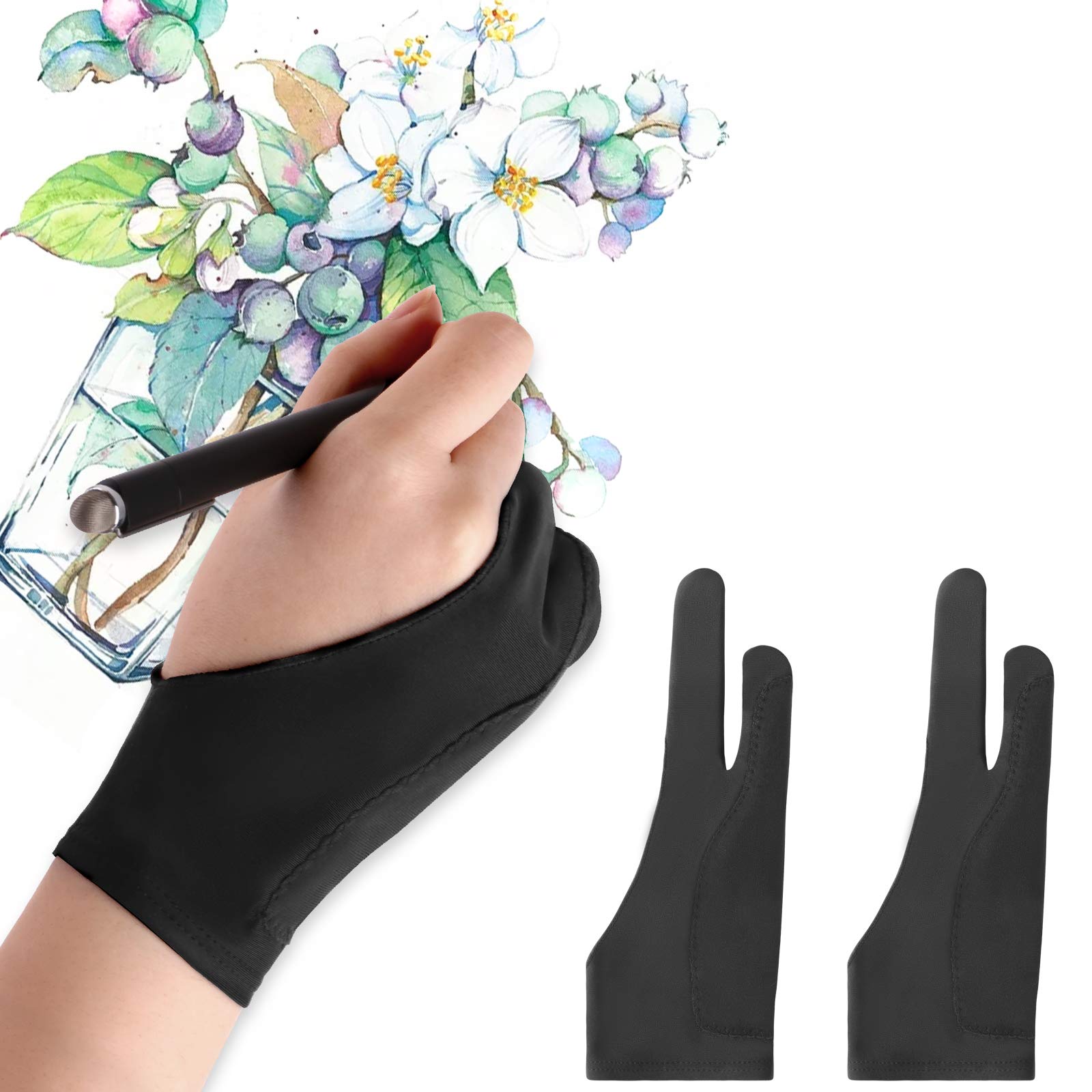 Mixoo Artists Gloves 2 Pack - Palm Rejection Gloves with Two Fingers for Paper Sketching, iPad, Graphics Drawing Tablet, Suitable for Left and Right Hand (Medium)