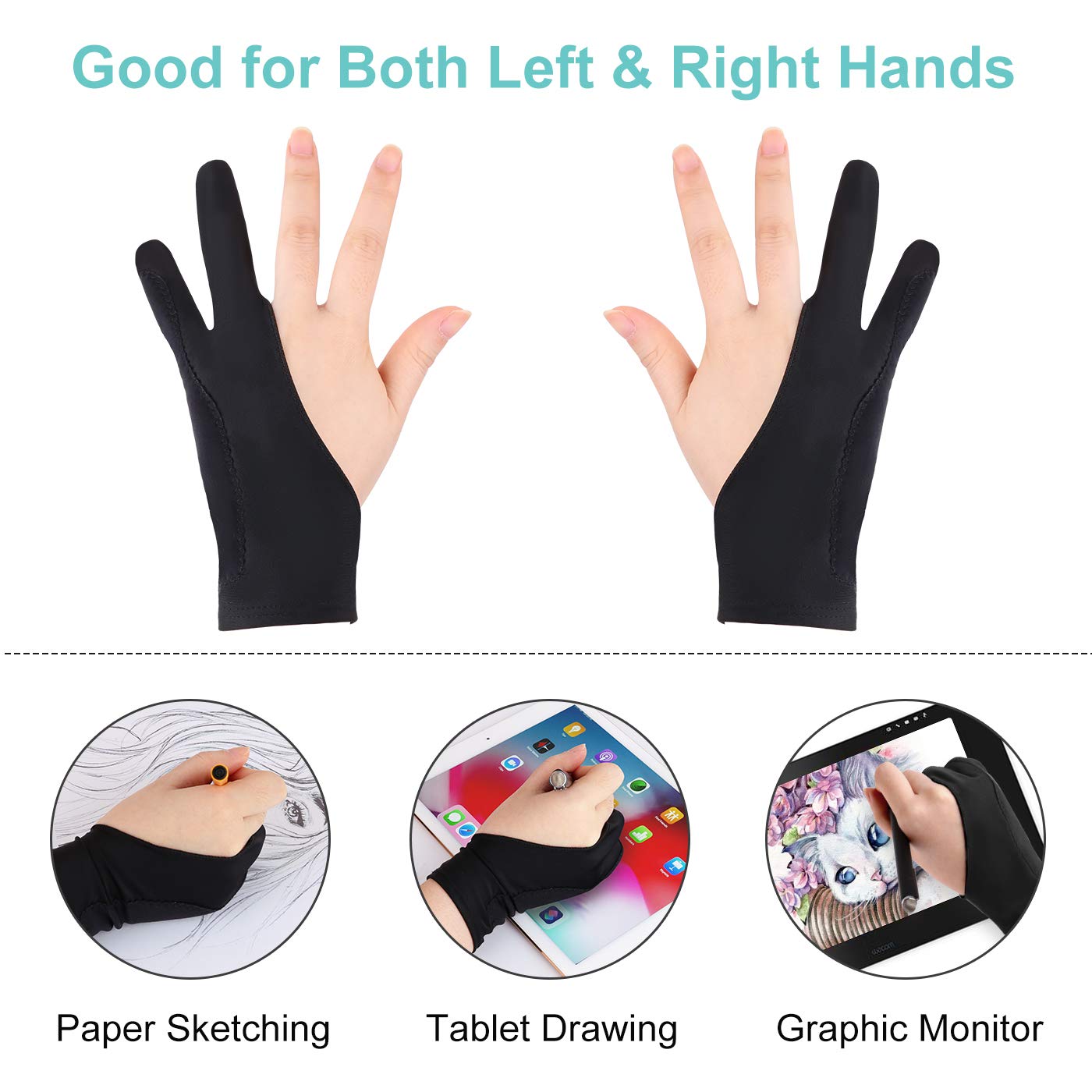 Mixoo Artists Gloves 2 Pack - Palm Rejection Gloves with Two Fingers for Paper Sketching, iPad, Graphics Drawing Tablet, Suitable for Left and Right Hand (Medium)