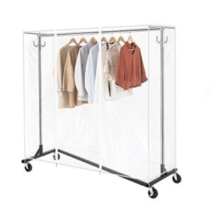 greenstell clothes rack with cover & tube bracket, industrial pipe z base clothing garment rack on wheels with brakes, heavy duty sturdy square tube garment rack black (59x24x68 inch)