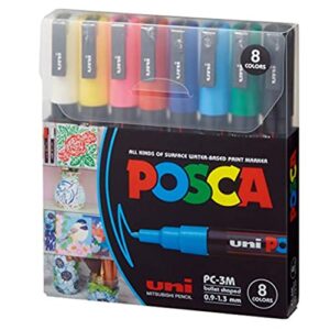 posca acrylic paint marker set, 8 color fine, pc-3m, version 2 (pc3m8set)