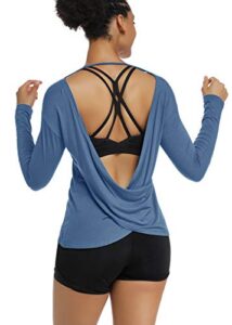 muzniuer long sleeve workout shirts for women long sleeve yoga tops backless yoga tops backless open back cross blouses open shirts grayblue xl