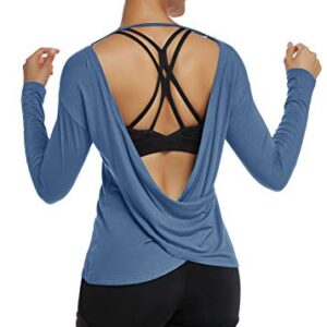 Muzniuer Long Sleeve Workout Shirts for Women Long Sleeve Yoga Tops Backless Yoga Tops Backless Open Back Cross Blouses Open Shirts GrayBlue XL