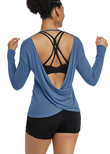 Muzniuer Long Sleeve Workout Shirts for Women Long Sleeve Yoga Tops Backless Yoga Tops Backless Open Back Cross Blouses Open Shirts GrayBlue XL