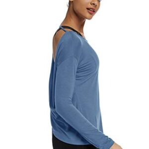 Muzniuer Long Sleeve Workout Shirts for Women Long Sleeve Yoga Tops Backless Yoga Tops Backless Open Back Cross Blouses Open Shirts GrayBlue XL