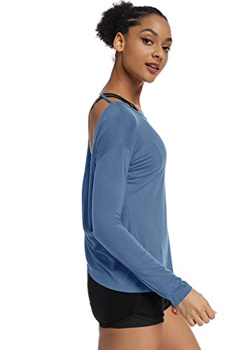 Muzniuer Long Sleeve Workout Shirts for Women Long Sleeve Yoga Tops Backless Yoga Tops Backless Open Back Cross Blouses Open Shirts GrayBlue XL