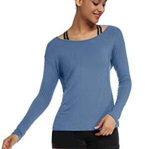 Muzniuer Long Sleeve Workout Shirts for Women Long Sleeve Yoga Tops Backless Yoga Tops Backless Open Back Cross Blouses Open Shirts GrayBlue XL