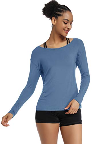 Muzniuer Long Sleeve Workout Shirts for Women Long Sleeve Yoga Tops Backless Yoga Tops Backless Open Back Cross Blouses Open Shirts GrayBlue XL