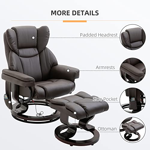 HOMCOM Massage Recliner Chair with Ottoman Footrest, 360° Swivel Reclining Chair, Faux Leather Living Room Chair with 10 Vibration Points, Adjustable Backrest, Side Pocket and Remote Control, Brown