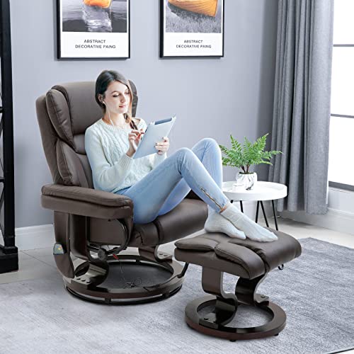 HOMCOM Massage Recliner Chair with Ottoman Footrest, 360° Swivel Reclining Chair, Faux Leather Living Room Chair with 10 Vibration Points, Adjustable Backrest, Side Pocket and Remote Control, Brown