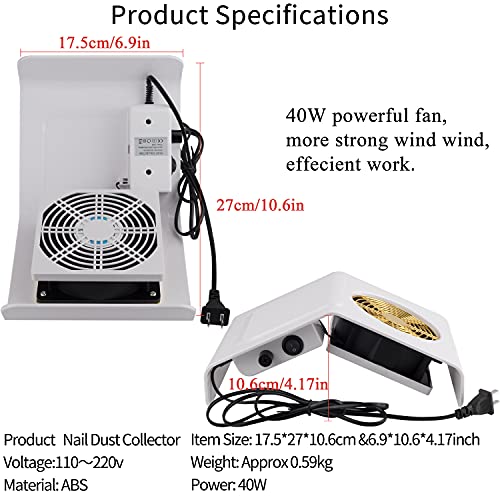 Nail Dust Collector for Acrylic Nails, 40W Nail Dust Fan Nail Cleaner for Manicure - Nail Vacuum Cleaner Powerful Dust Extractor Nail Duster Collector with Leather Nail Arm Rest Pad (White)