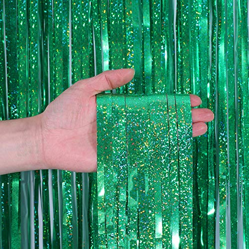 CYLMFC Tinsel Backdrop 2 Packs 3ftx8ft Green Fringe Backdrop for Parties, Foil Fringe Curtains Party Decorations Photo Booth Backdrop Christmas Halloween - Green