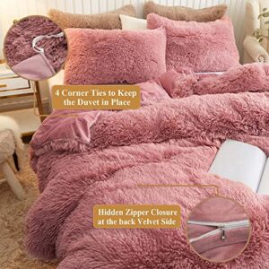 XeGe Plush Shaggy Duvet Cover, Luxury Ultra Soft Crystal Velvet Fuzzy Bedding 1PC(1 Faux Fur Duvet Cover), Fluffy Furry Comforter Cover with Zipper Closure(Queen, Old Pink)