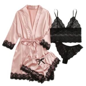 SOLY HUX Women's Satin Pajama Set 4pcs Floral Lace Trim Cami Lingerie Sleepwear with Robe Pink X-Large