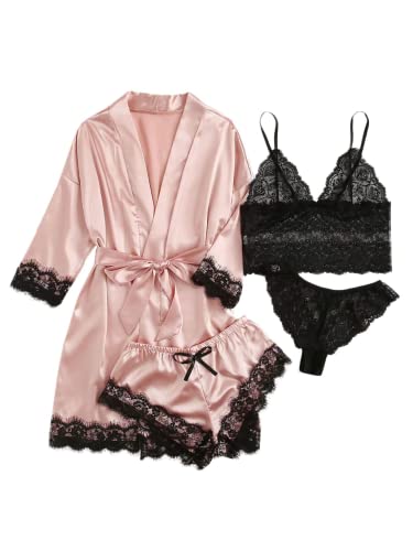 SOLY HUX Women's Satin Pajama Set 4pcs Floral Lace Trim Cami Lingerie Sleepwear with Robe Pink X-Large