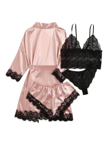 SOLY HUX Women's Satin Pajama Set 4pcs Floral Lace Trim Cami Lingerie Sleepwear with Robe Pink X-Large