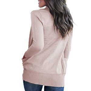 VOIANLIMO Women's Open Front Long Sleeve Knit Casual Soft Light Pink Cardigan Sweater with Pockets L Size