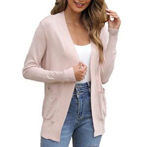 VOIANLIMO Women's Open Front Long Sleeve Knit Casual Soft Light Pink Cardigan Sweater with Pockets L Size