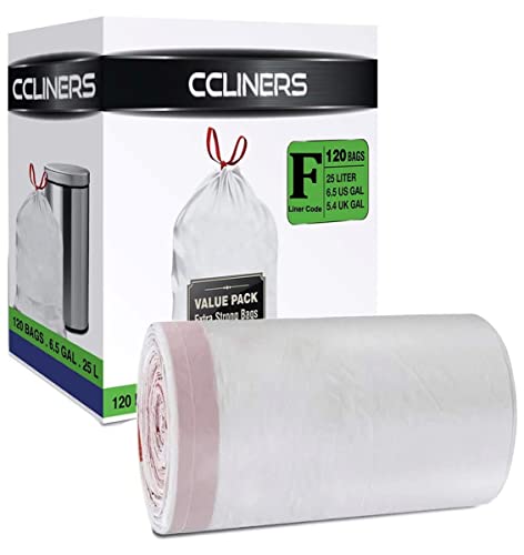 4-7 Gallon Trash Bags Code F Code E Can Liners (120 Count) CCLINERS 20-25 Liter Drawstring Garbage bags Bathroom Wastebasket Can Liners for 4 Gal, 5 Gal, 6 Gal & 7 Gal Bins (120 Bags)