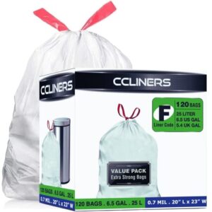 4-7 Gallon Trash Bags Code F Code E Can Liners (120 Count) CCLINERS 20-25 Liter Drawstring Garbage bags Bathroom Wastebasket Can Liners for 4 Gal, 5 Gal, 6 Gal & 7 Gal Bins (120 Bags)