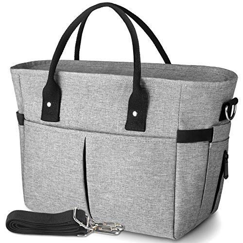 KIPBELIF Insulated Lunch Bags for Women - Large Tote Adult Lunch Box for Women with Shoulder Strap, Side Pockets and Water Bottle Holder, Gray, Extra Large Size