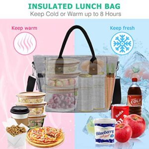 KIPBELIF Insulated Lunch Bags for Women - Large Tote Adult Lunch Box for Women with Shoulder Strap, Side Pockets and Water Bottle Holder, Gray, Extra Large Size