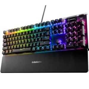 steelseries usb apex 5 hybrid mechanical gaming keyboard – per-key rgb illumination – aircraft grade aluminum alloy frame – oled smart display (hybrid blue switch)