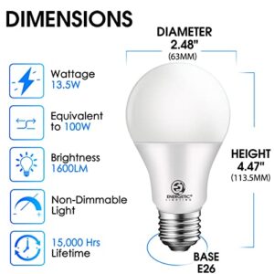 Energetic 100W Equivalent, A19 LED Light Bulb, Warm White 3000K, E26 Base, Non-Dimmable, 1600LM, UL Listed, 4-Pack