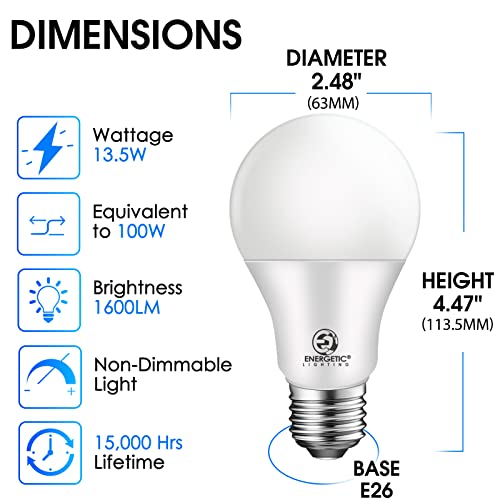 Energetic 100W Equivalent, A19 LED Light Bulb, Warm White 3000K, E26 Base, Non-Dimmable, 1600LM, UL Listed, 4-Pack