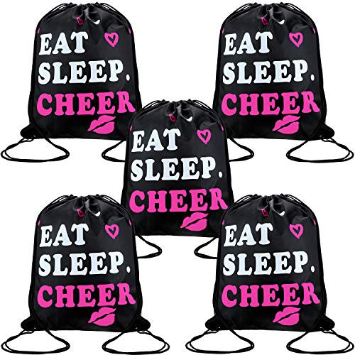 5 Pieces Cheerleading Drawstring Gym Bag Cheer Bags for Cheerleaders Cheer Black Drawstring Bag Eat Sleep Cheer Drawstring Bag for Youth Sports Cheerleader Gift, 13.4 x 16.9 Inch