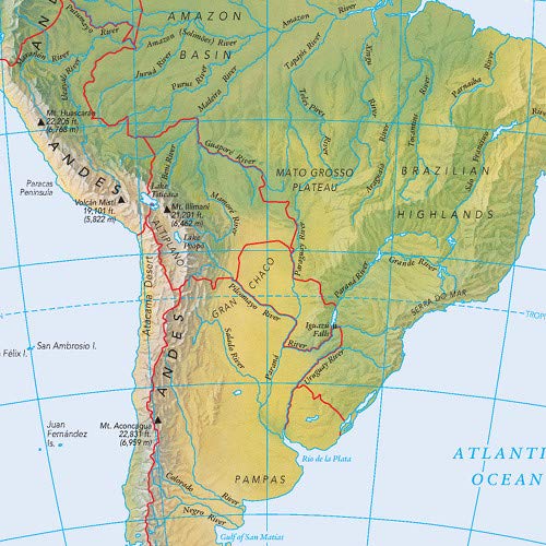 South America Political & Physical Continent Map - 17" x 10.75" Paper