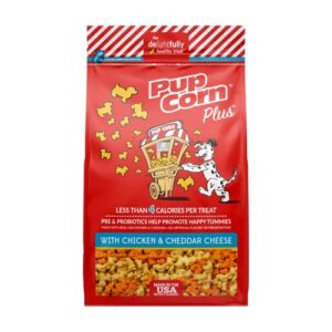 pup corn plus - puffed dog treats with prebiotics and probiotics - chicken & cheddar cheese (24.5oz) - made in usa