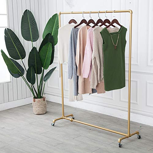 (Gold,1"Pipe,47"Wx63"Tx16"D)Industrial Pipe Clothing Rack,Vintage Commercial Grade Pipe Clothes Racks,Rolling Rack for Hanging Clothes Retail Display,Heavy Duty Steampunk Iron Ballet Garment Racks