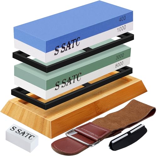 S SATC Knife Sharpening Stone Whetstone 4 Side Grit 400/1000 3000/8000 Stone Knife Sharpeners with Nonslip Rubber Bases, Bamboo Base, Flattening Stone, and Leather Strop