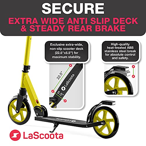 LaScoota Kick Scooter for Adults & Teens. Perfect for Youth 12 Years and Up and Men & Women. Lightweight Foldable Adult Scooter with Large 8” Wheels 220lbs (Regular (Teen), Yellow)