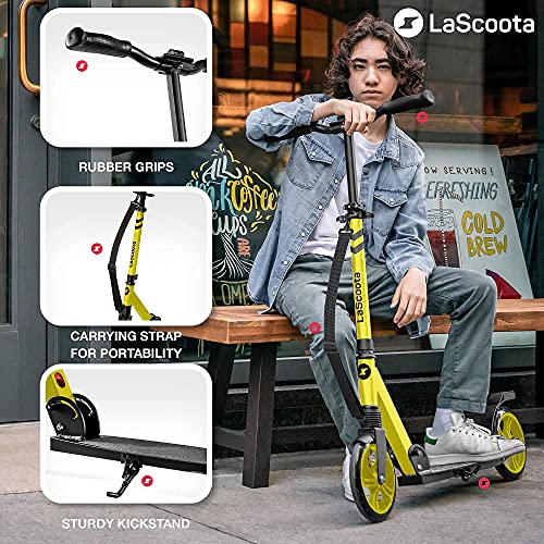 LaScoota Kick Scooter for Adults & Teens. Perfect for Youth 12 Years and Up and Men & Women. Lightweight Foldable Adult Scooter with Large 8” Wheels 220lbs (Regular (Teen), Yellow)