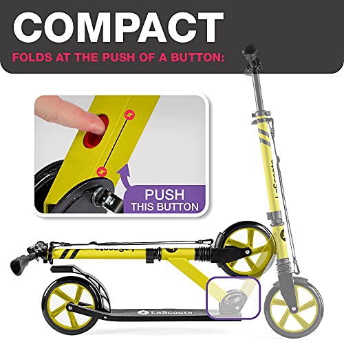 LaScoota Kick Scooter for Adults & Teens. Perfect for Youth 12 Years and Up and Men & Women. Lightweight Foldable Adult Scooter with Large 8” Wheels 220lbs (Regular (Teen), Yellow)