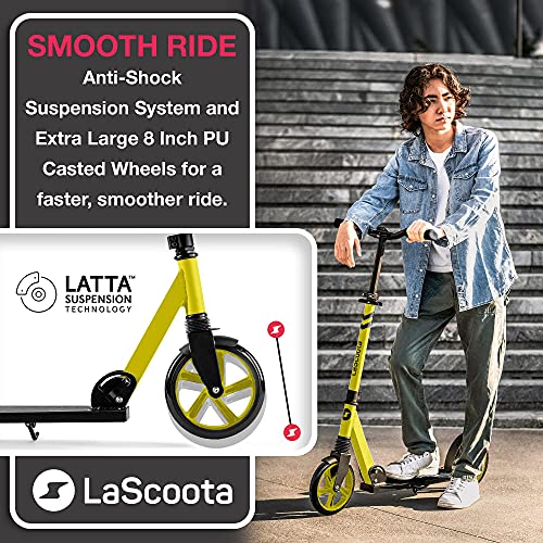 LaScoota Kick Scooter for Adults & Teens. Perfect for Youth 12 Years and Up and Men & Women. Lightweight Foldable Adult Scooter with Large 8” Wheels 220lbs (Regular (Teen), Yellow)