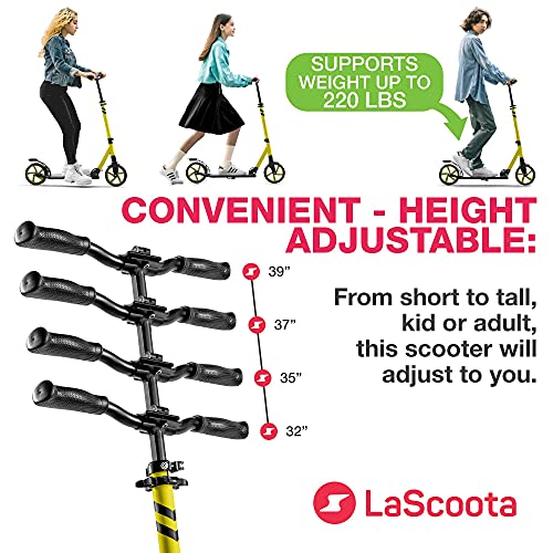 LaScoota Kick Scooter for Adults & Teens. Perfect for Youth 12 Years and Up and Men & Women. Lightweight Foldable Adult Scooter with Large 8” Wheels 220lbs (Regular (Teen), Yellow)