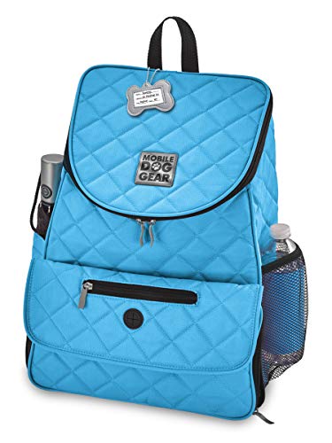 Mobile Dog Gear, Dog Travel Bag, Deluxe Quilted Weekender Backpack, Includes Lined Food Carriers and 2 Collapsible Dog Bowl, Light Blue