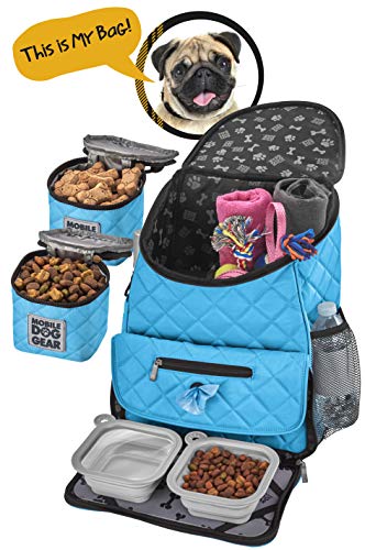 Mobile Dog Gear, Dog Travel Bag, Deluxe Quilted Weekender Backpack, Includes Lined Food Carriers and 2 Collapsible Dog Bowl, Light Blue