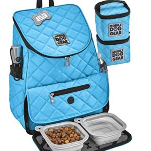 Mobile Dog Gear, Dog Travel Bag, Deluxe Quilted Weekender Backpack, Includes Lined Food Carriers and 2 Collapsible Dog Bowl, Light Blue