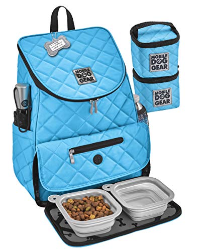 Mobile Dog Gear, Dog Travel Bag, Deluxe Quilted Weekender Backpack, Includes Lined Food Carriers and 2 Collapsible Dog Bowl, Light Blue